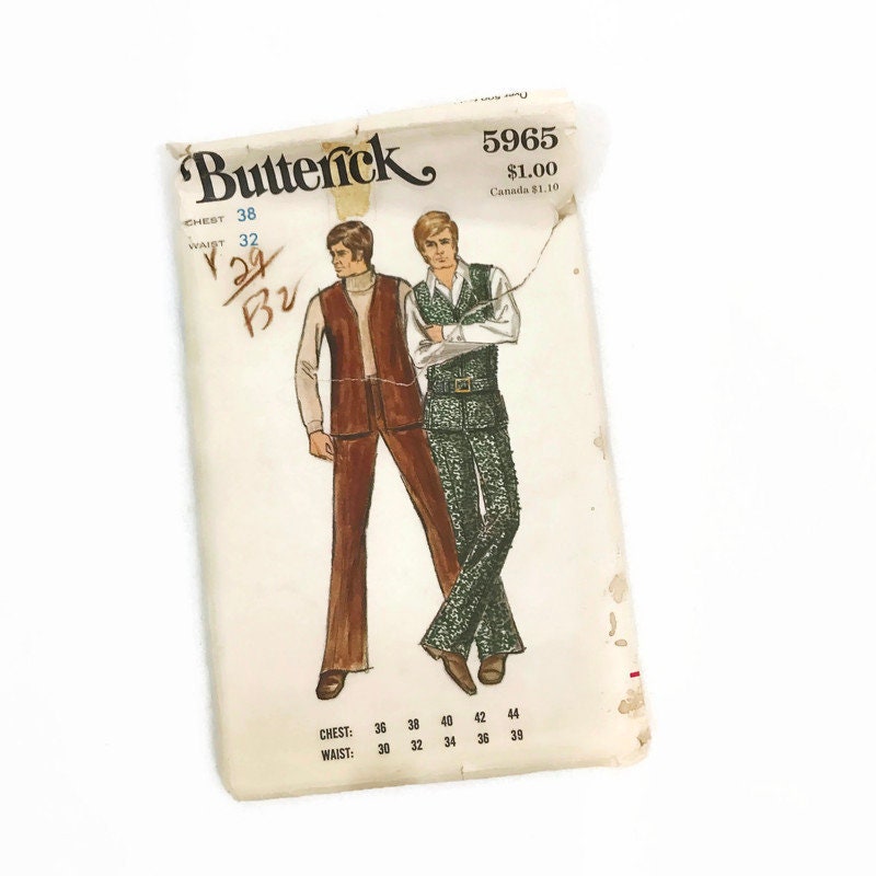 Vintage Sewing Pattern Butterick 5965 Mens Vest Suit Pants 70s Craft ...