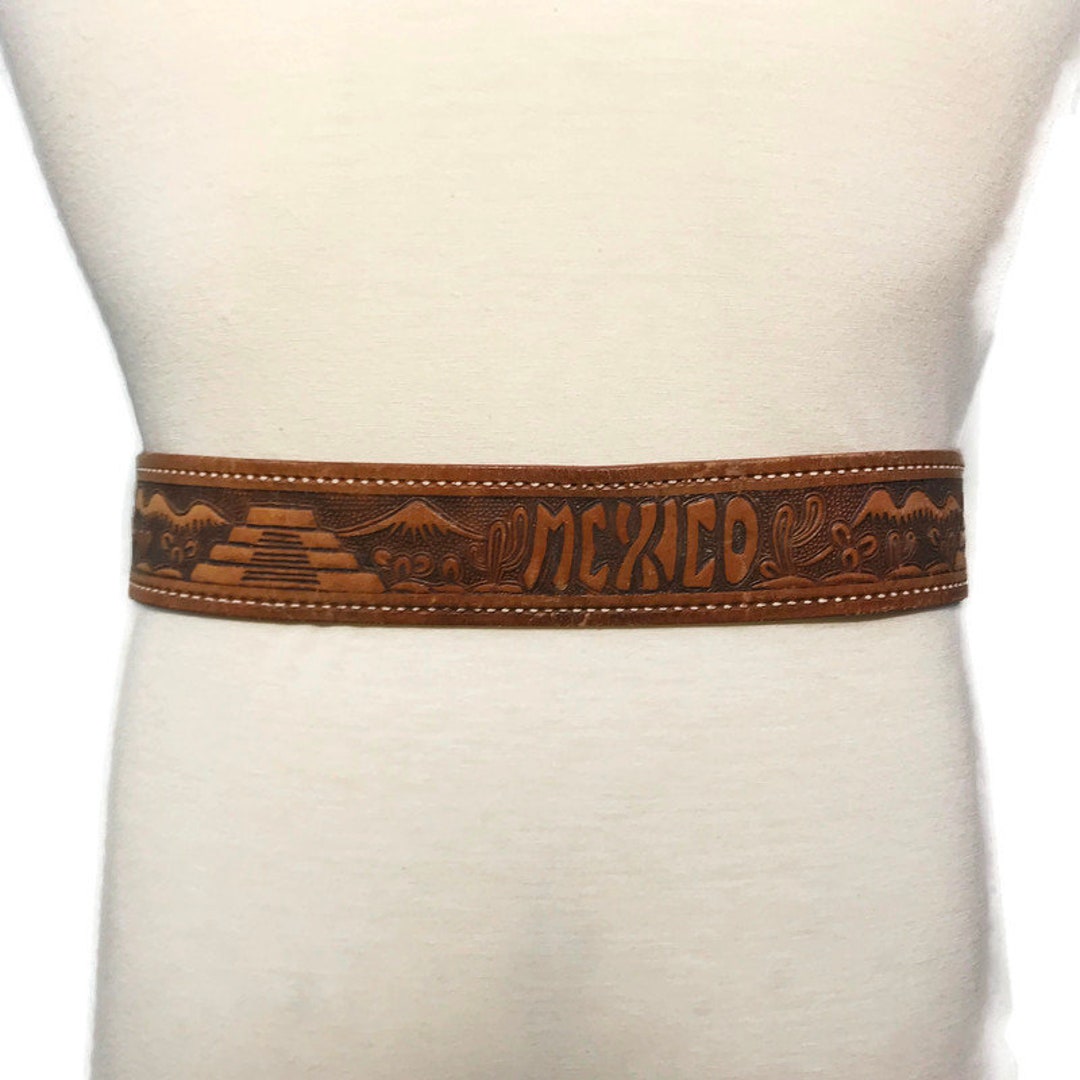 Vintage Tooled Leather Belt Brown Tan Leather Mexico Souvenir Western ...