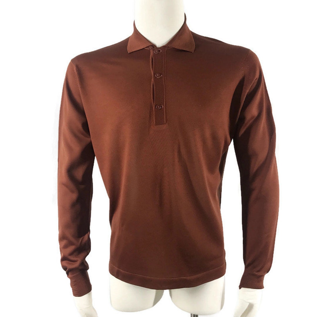 Vintage 70s Polo Shirt Rust Orange Brown Acetate Polyester Knit Long ...