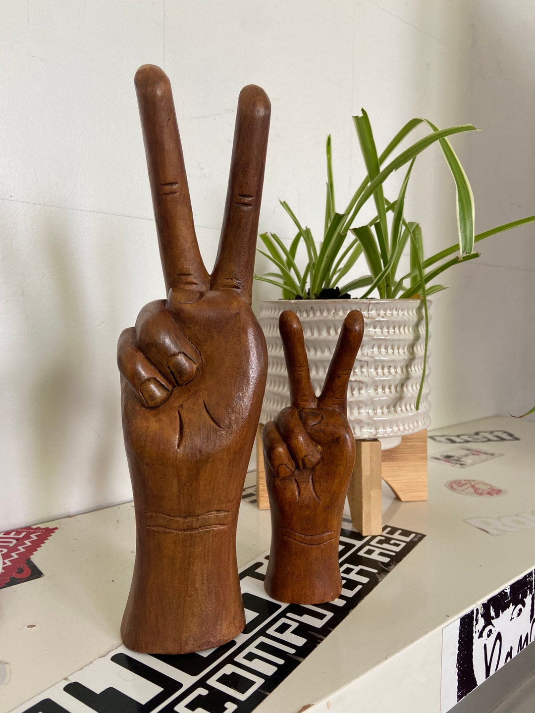 6” or 10” Hand Carved Wooden Peace Sign Hand Fingers Boho Hippie Decor ...