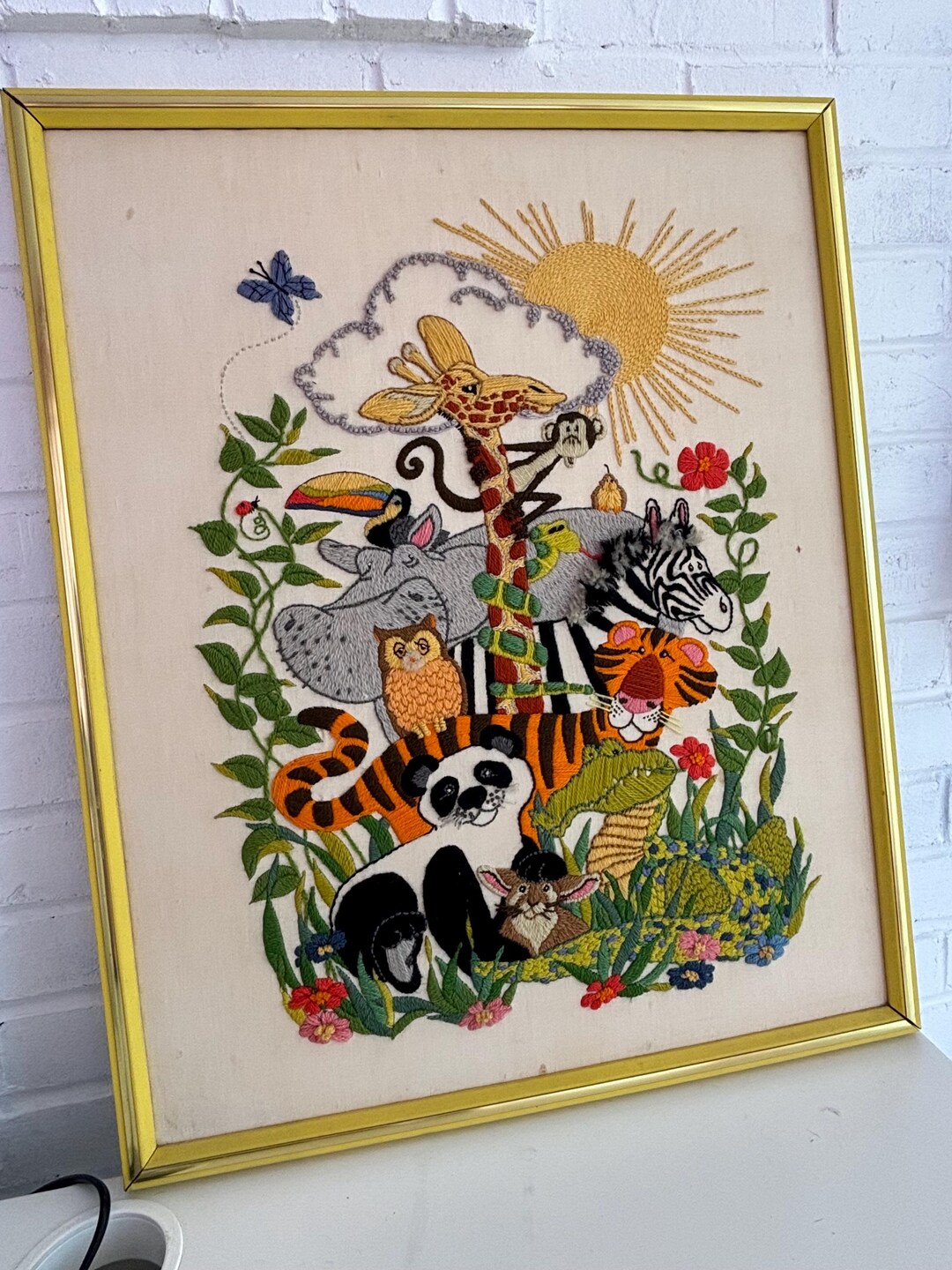 Vintage 70s Crewel Art Zoo Animals Framed Needlework Nursery - Etsy