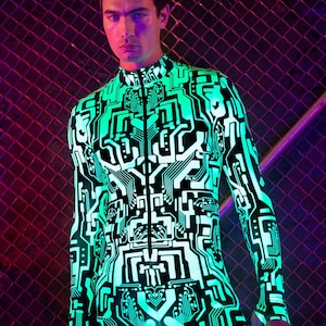 Cyber Clothing Men, Futuristic Clothing, Green Neon Bodysuit for Men ...