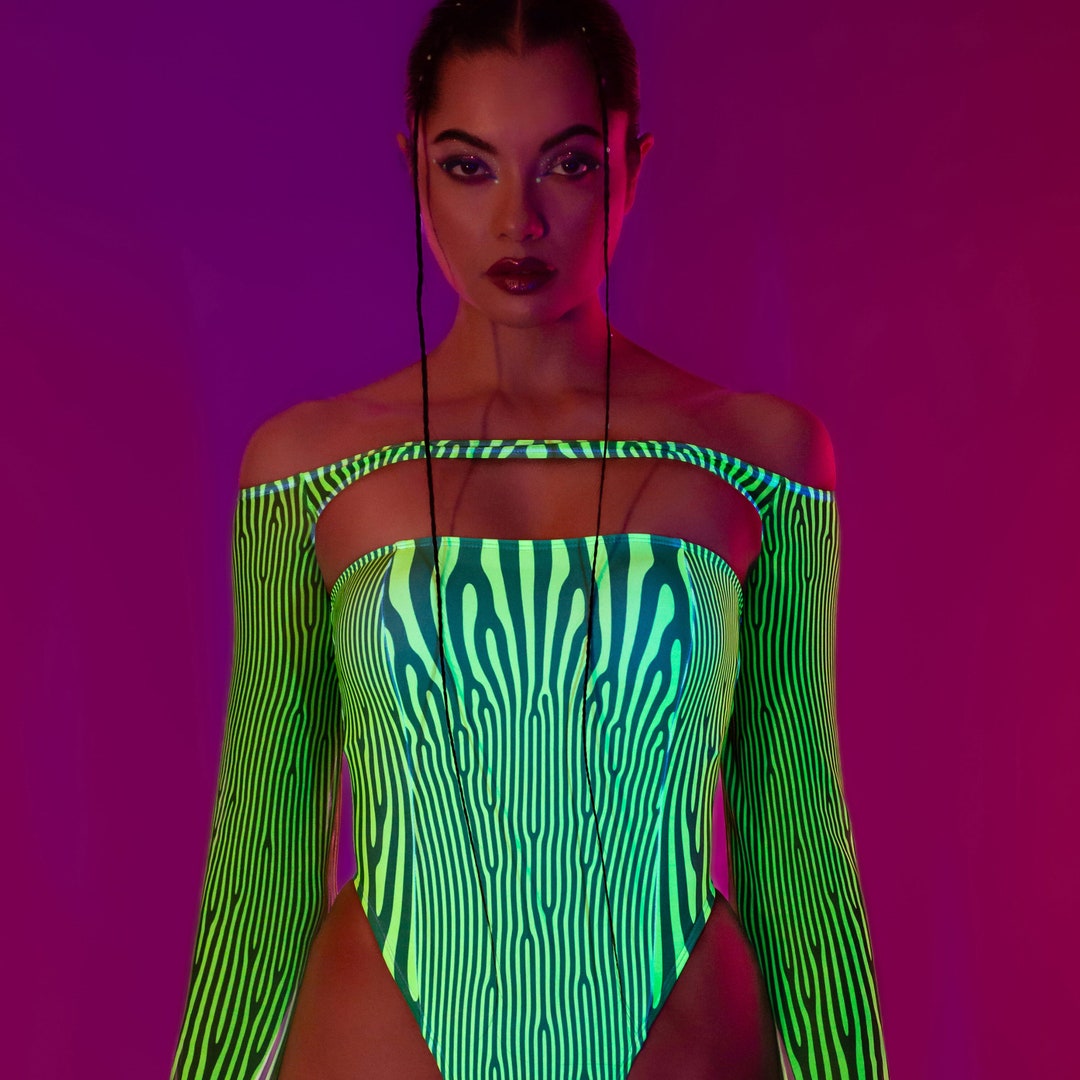 Uv Light Revlective Bodysuit Rave Bodysuit Mesh Shrug For Women Festival Bodysuit Women