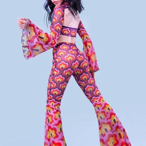 Rave Disco Mesh Outfit Women, Wide Leg Retro Outfit, Disco Party Women ...