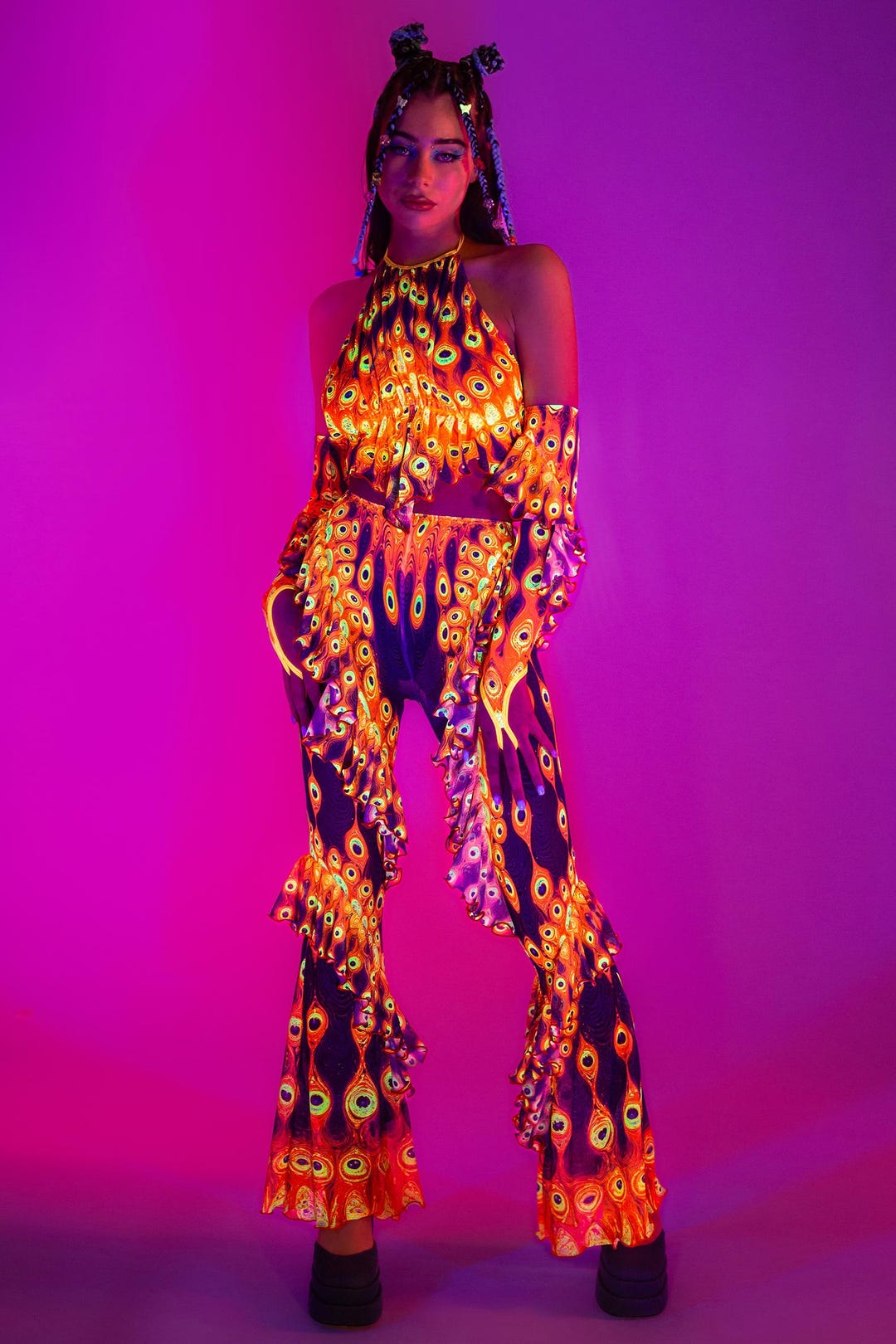 UV Light Rave Set for Women, Rave Wear Mesh Purple Pants Set, UV ...