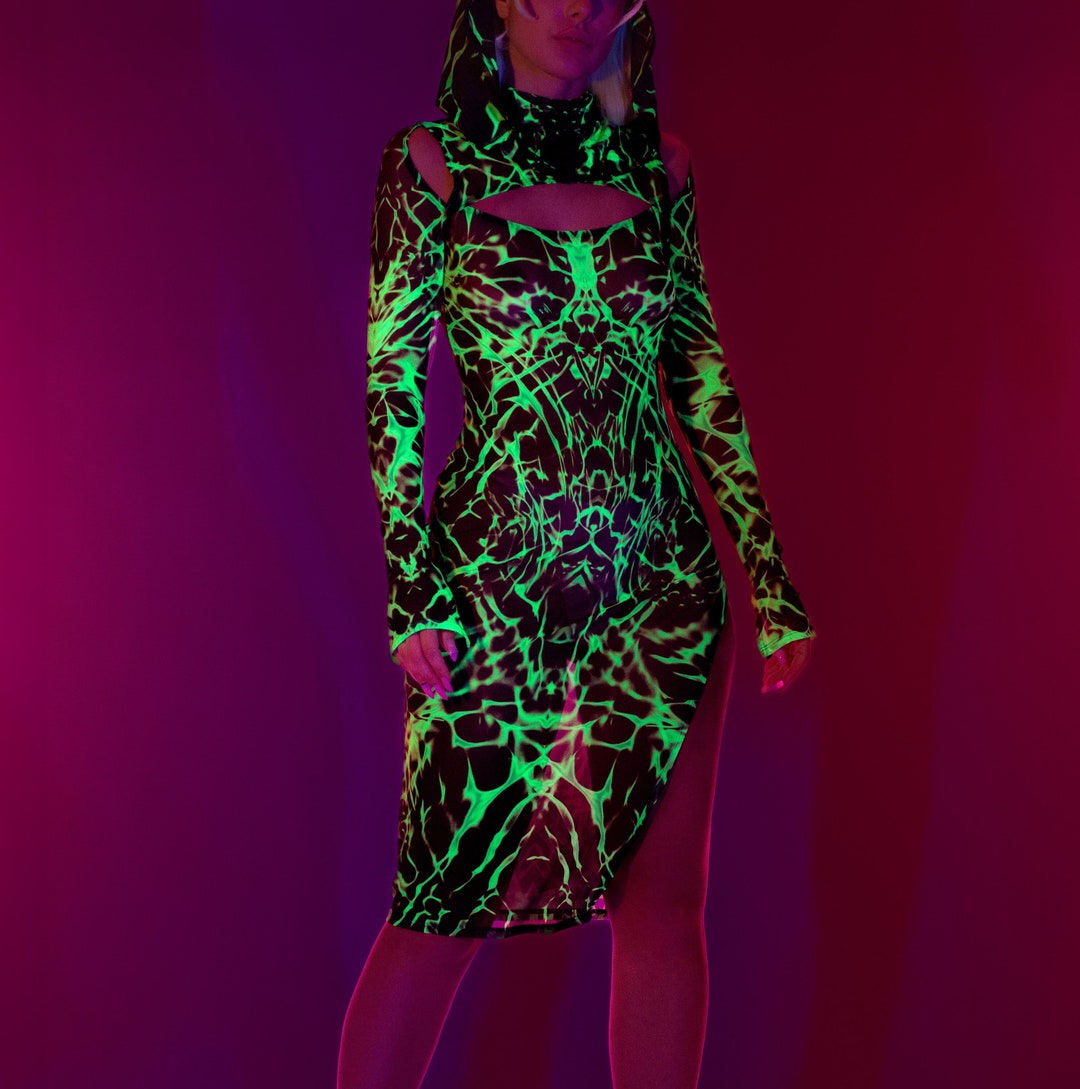 Party Disco Hooded Dress, Sexy Rave Hooded Dress, Mesh Festival Dress ...