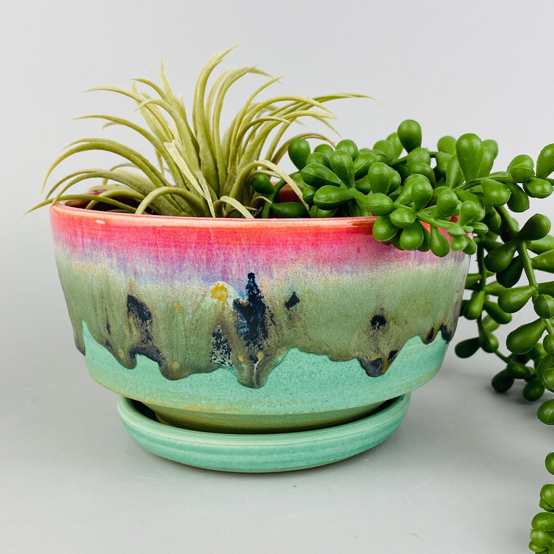 Handmade Ceramic Planter Indoor Pot Drainage Holes and Saucer Pottery ...