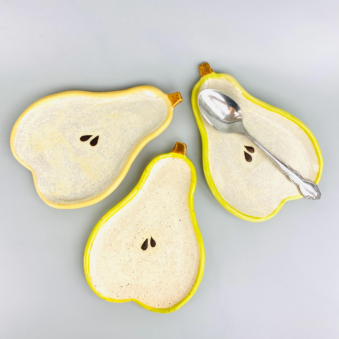 Ceramic Pear Spoon Rest Green Gold Trinket Dish Handmade Unique Kitchen ...