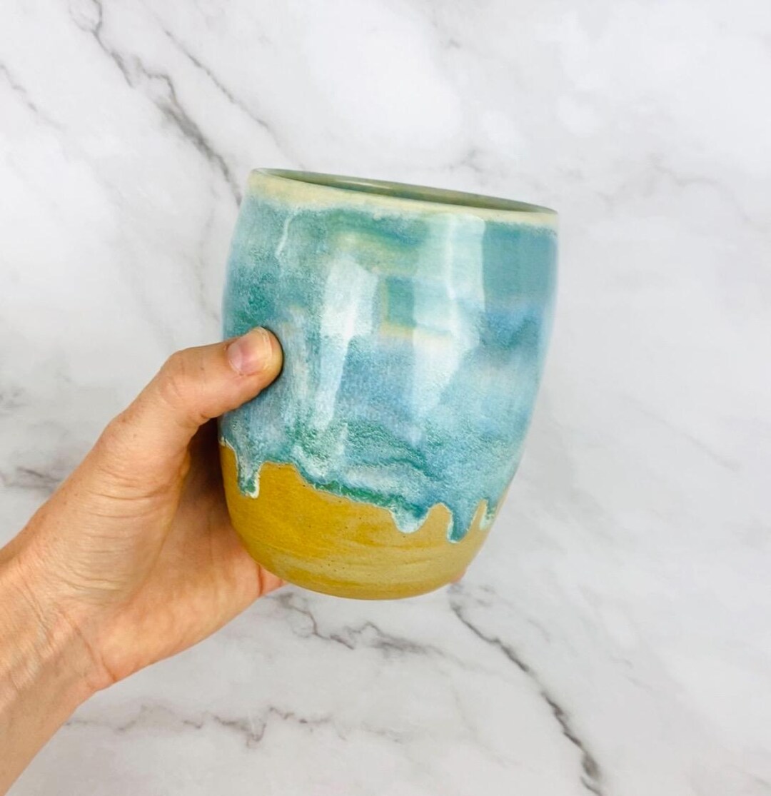 Ceramic Tumbler Blue Pinch Cup Ocean Glaze Handmade Pottery Gift Wine ...
