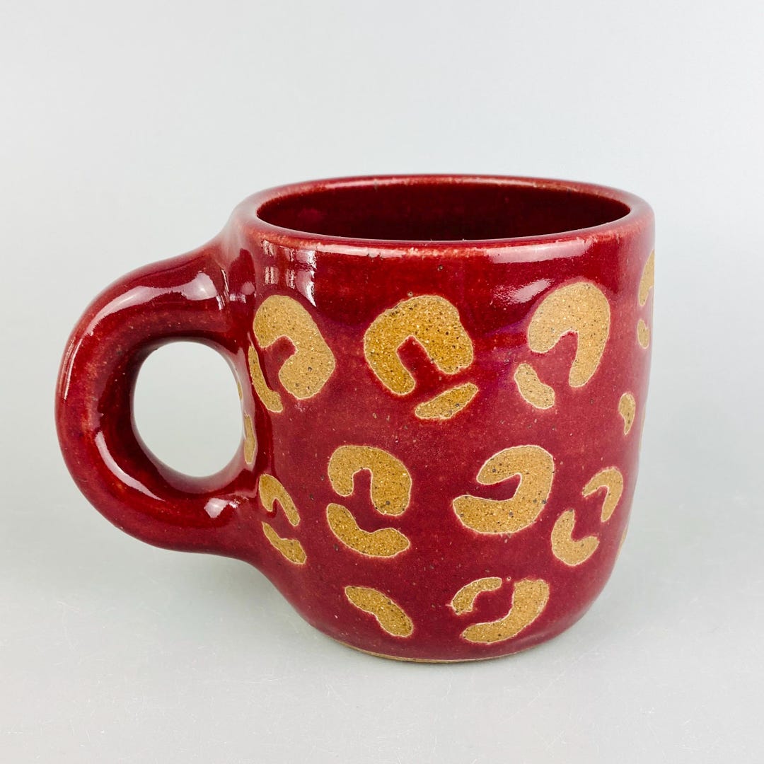 Handmade Ceramic Red Mug Cheetah Leopard Print Cup Handle Unique ...