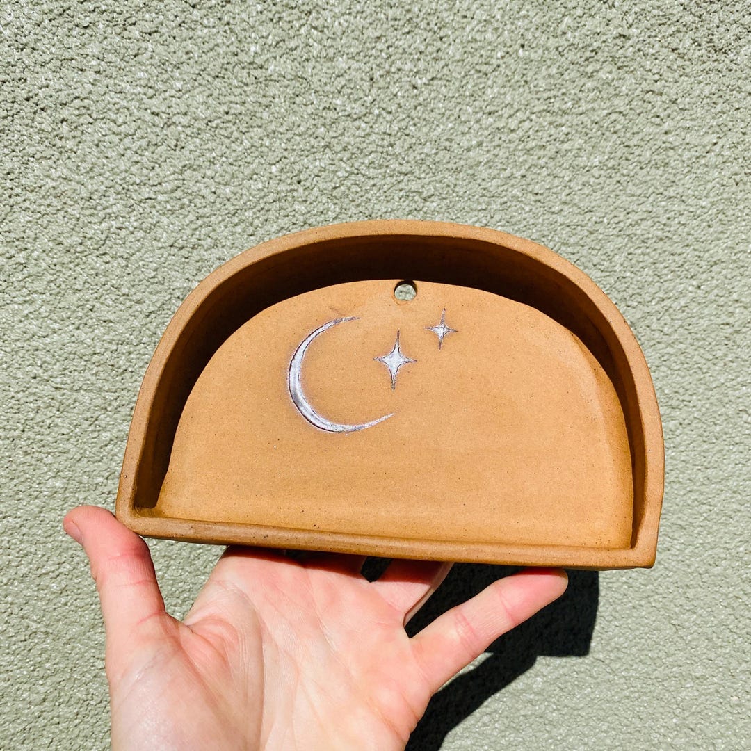 Handmade Ceramic Wall Shelf Arch Whimsical Moon Stars Brown Clay Raw ...
