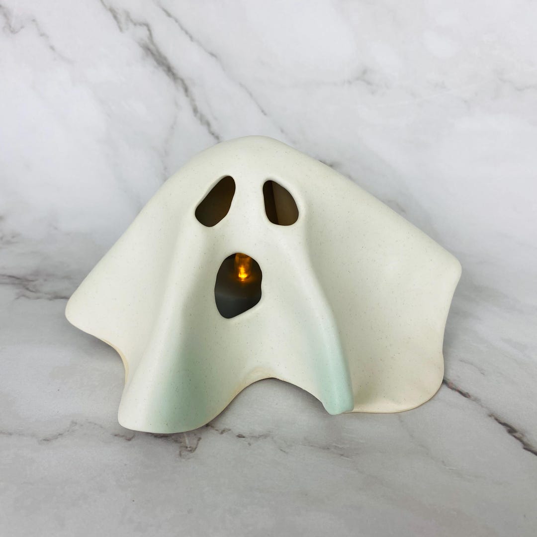 Large Ceramic Ghost Halloween Decor Figurine Handmade White Tea Light ...