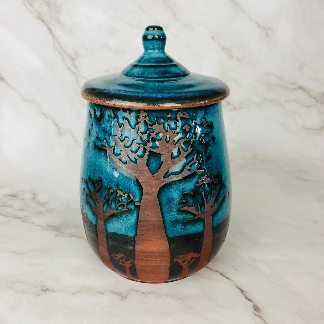 Blue Ceramic Lidded Jar Large Urn Baobab Africa Handmade Tree Earthy ...