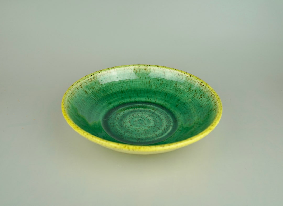 Handmade Ceramic Bowl Emerald Green Yellow Serving Bowl Platter Shallow ...