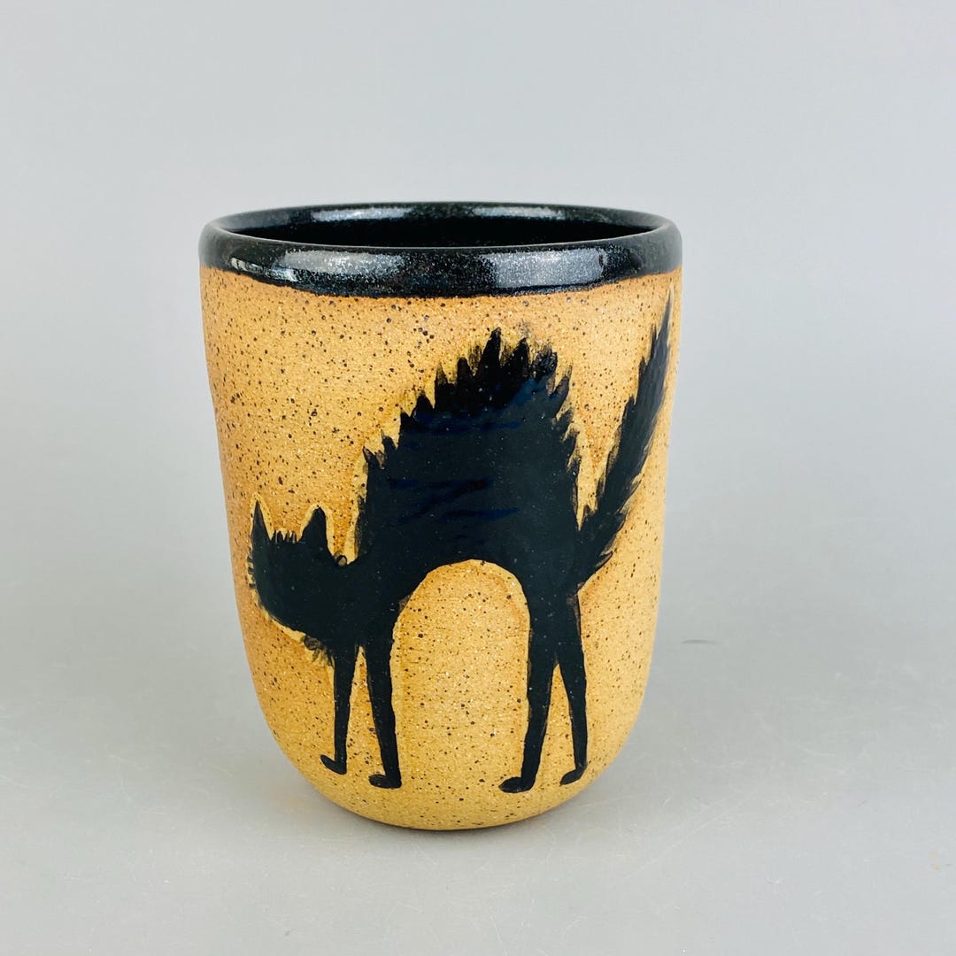 Handmade Ceramic Cat Cup Halloween Tumbler Decor Raw Clay Pottery Gift ...
