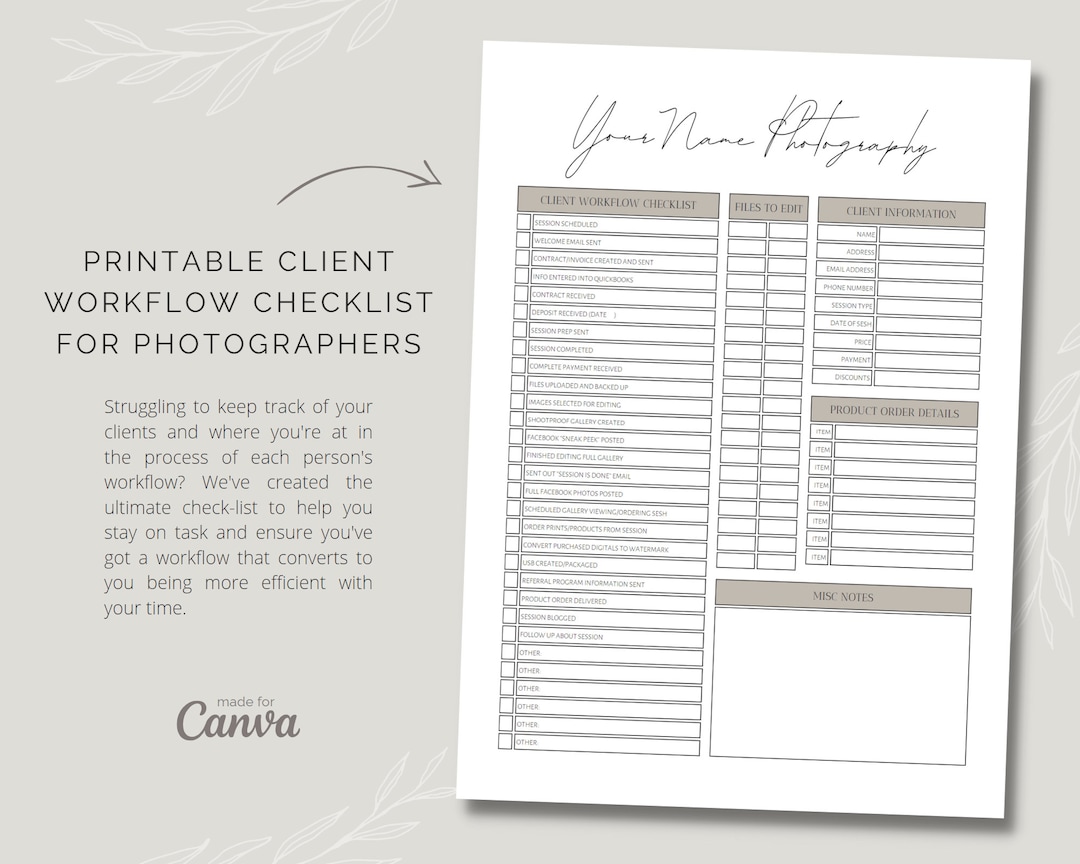 Canva Photography Client Workflow Checklist Printable | Canva Templates ...