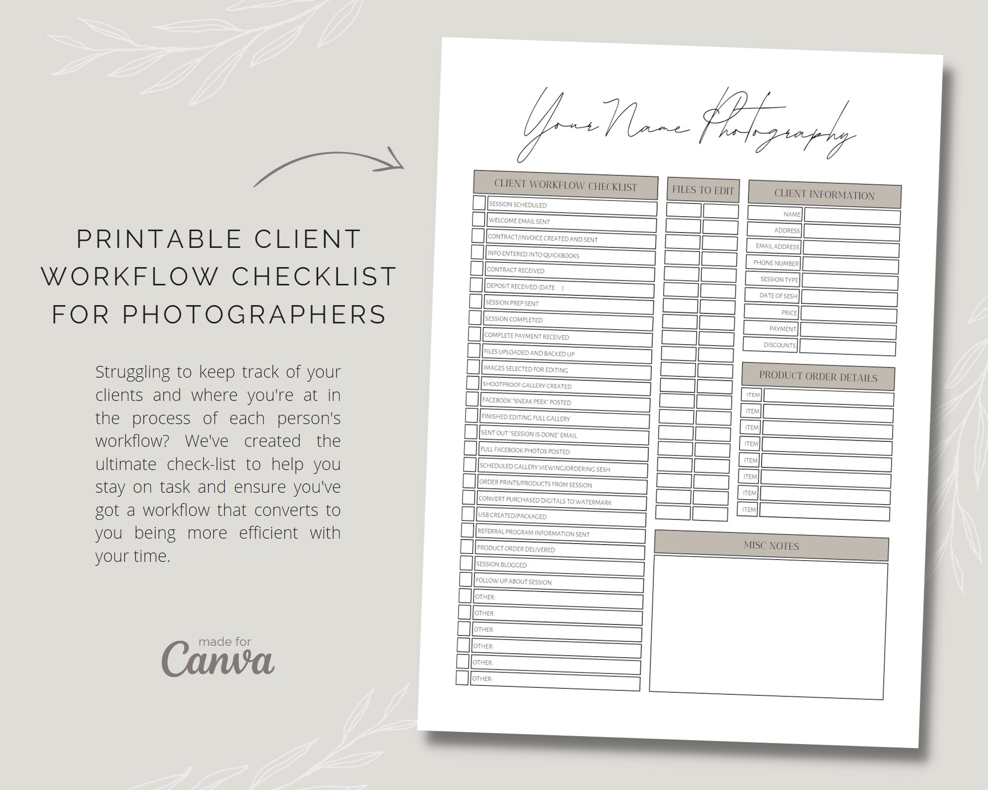 Canva Photography Client Workflow Checklist Printable | Canva Templates ...