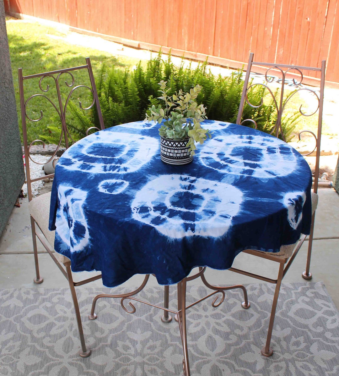 Hand Dyed, Indigo, Round-ish Tablecloth, Shibori, Rayon, Table Cover ...