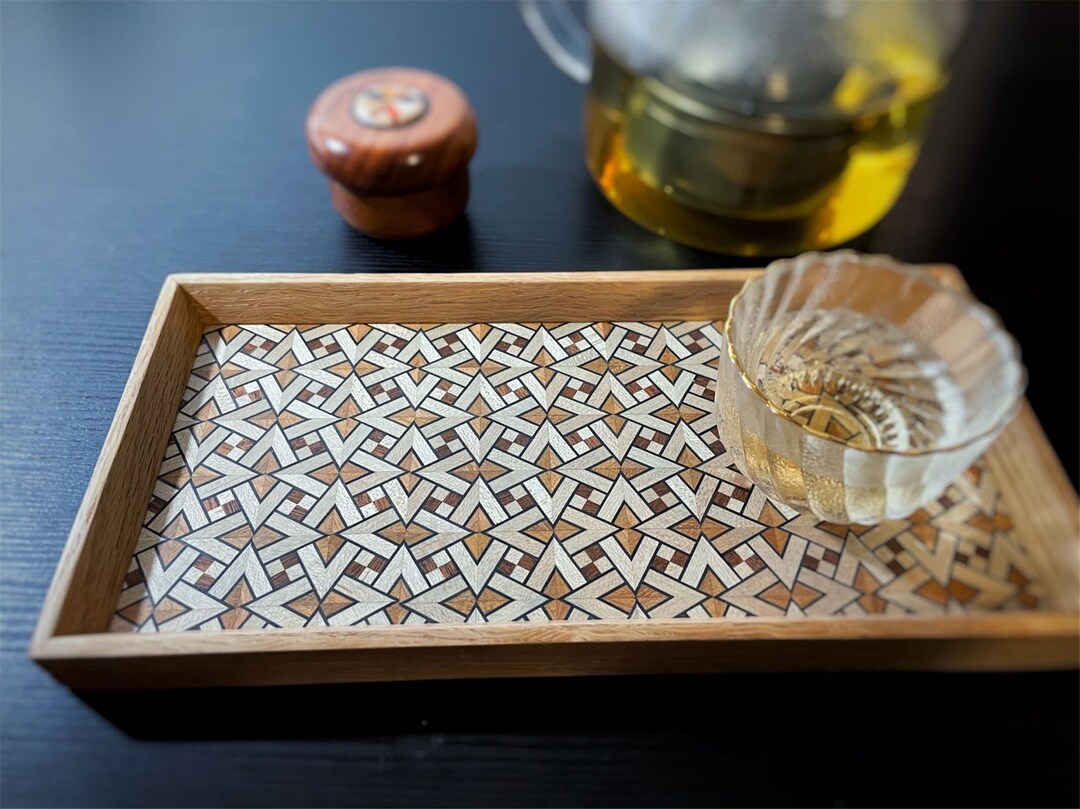 Handmade White Oak Wooden Tea Tray Sakura Pattern Japanese Yosegi Zaiku ...