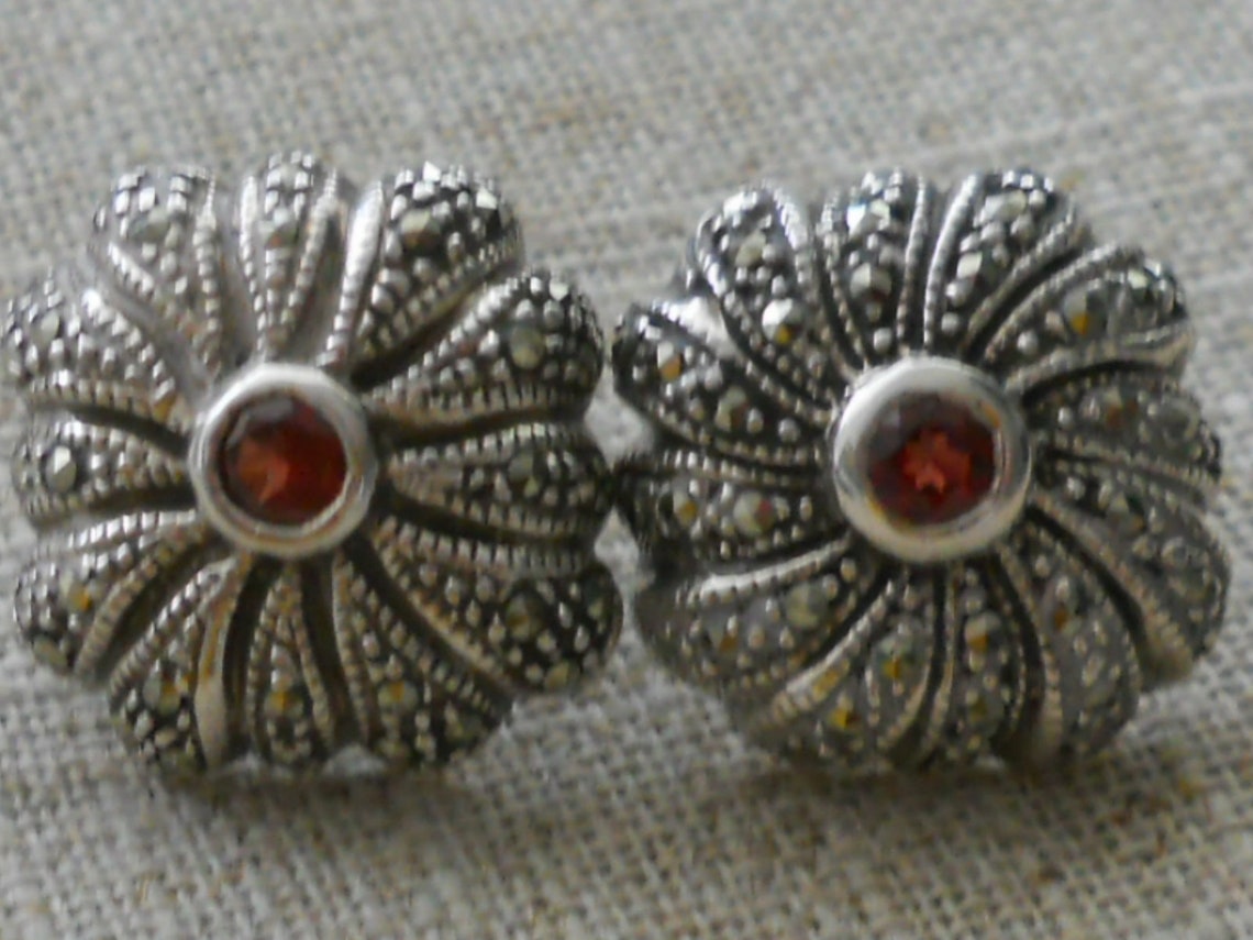 Silver garnet and marquisite earrings pierced ears | Etsy