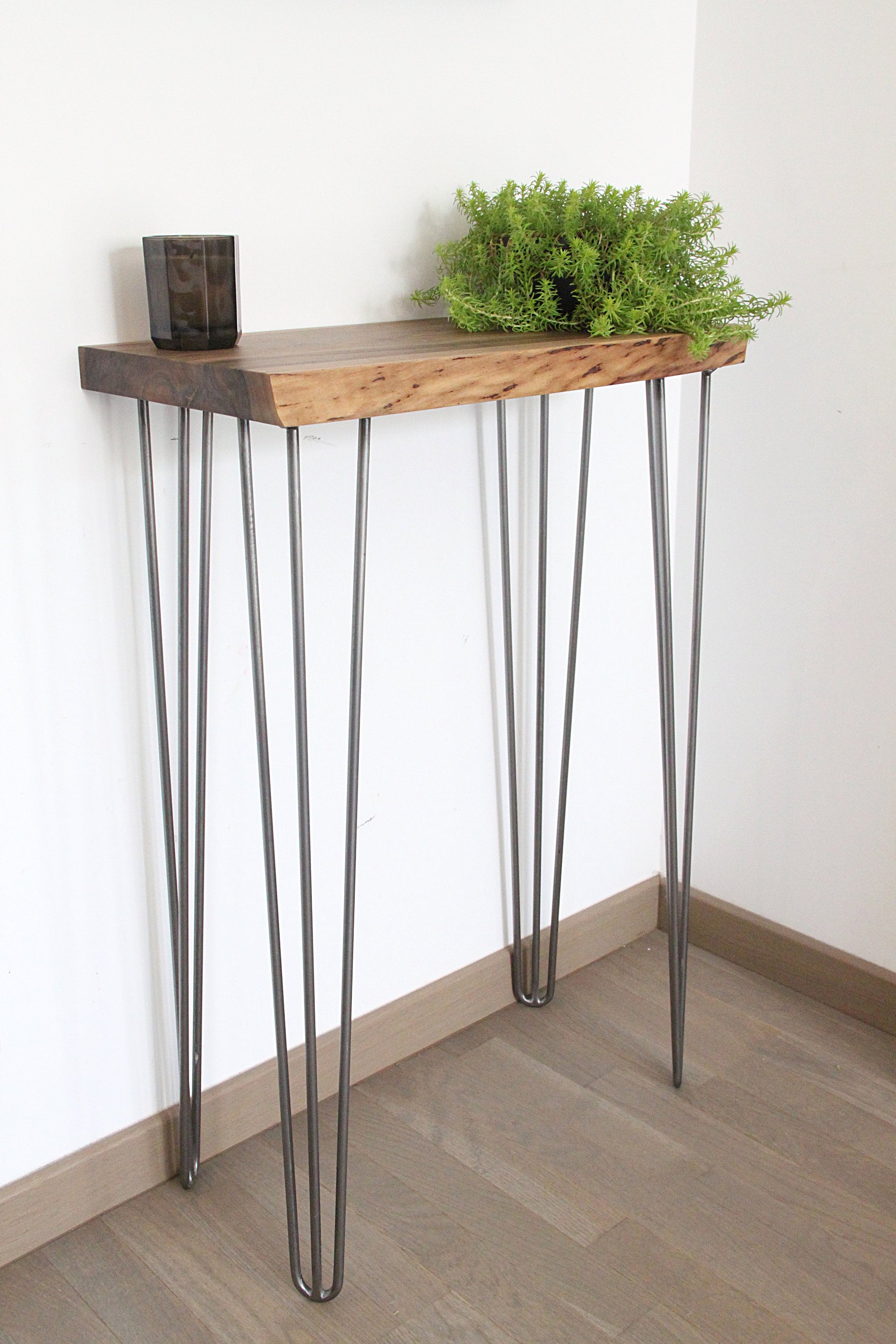 Live edge walnut console and hairpin legs