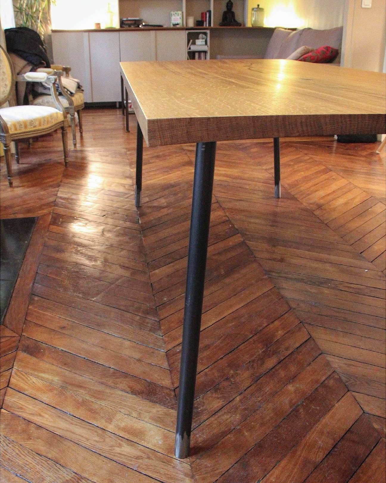 Solid Oak table on tubular steel legs