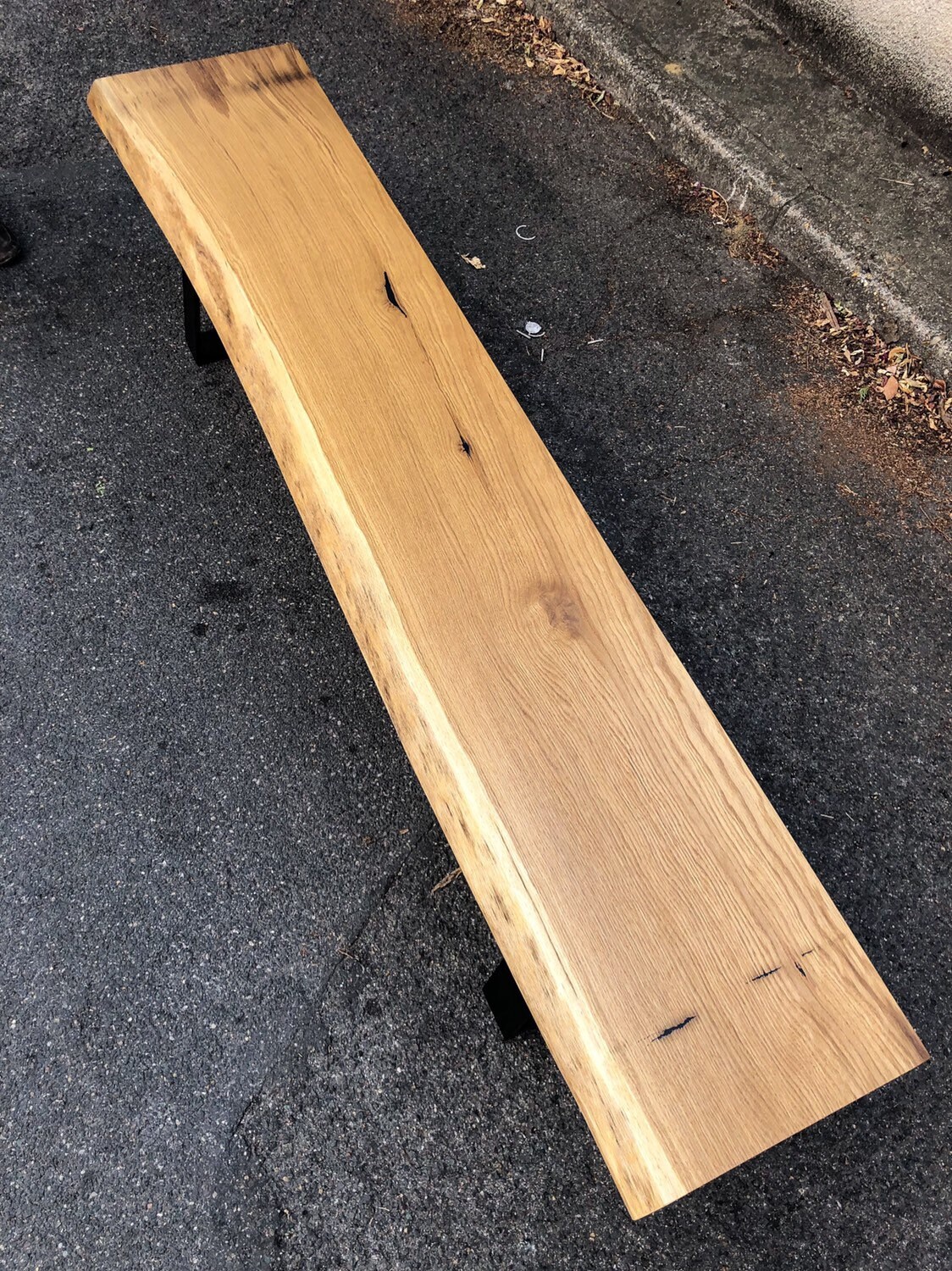 Live Edge solid oak bench Legs Inverted Trapezius Custom Metal
