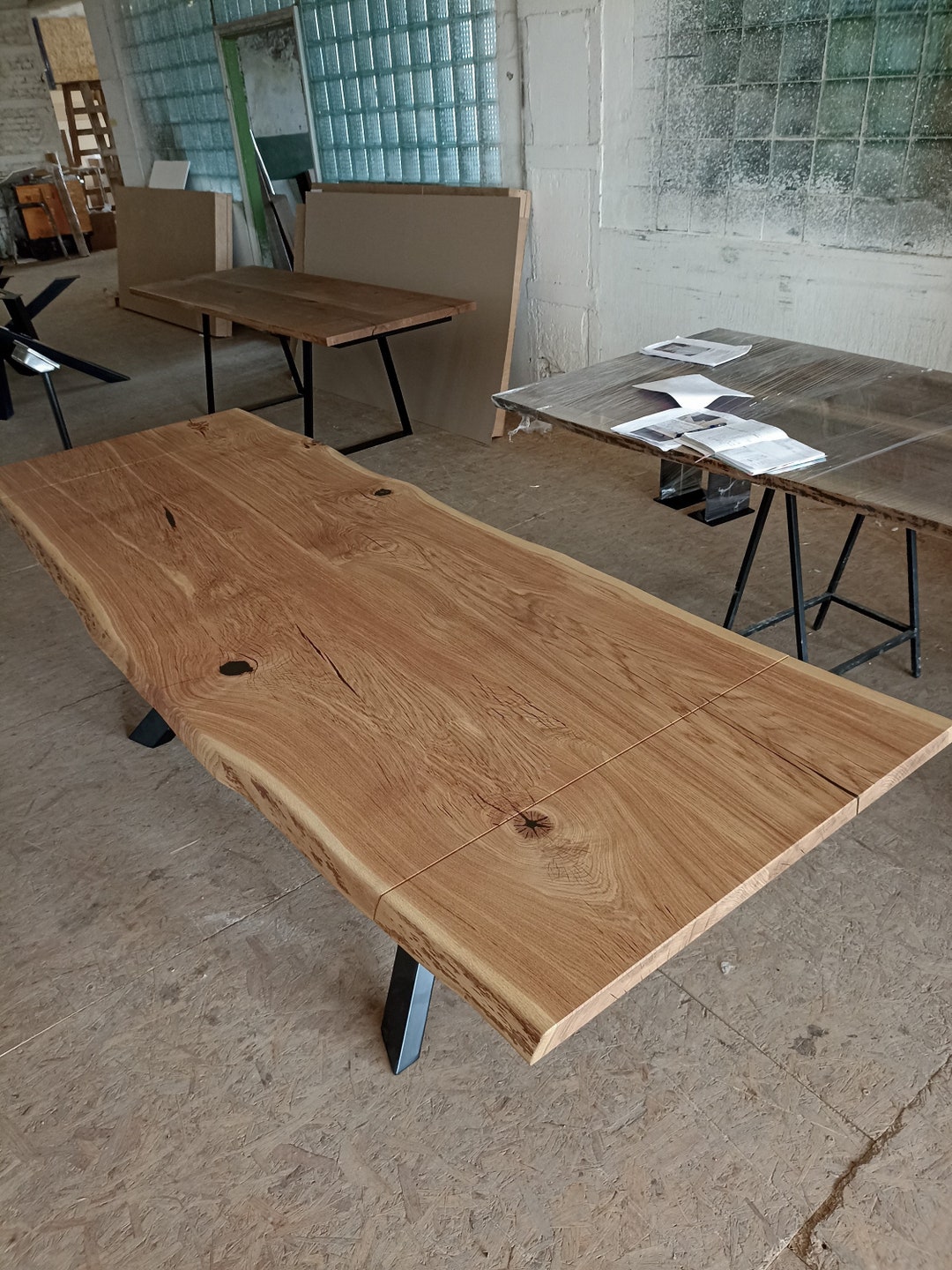 Live Edge Solid Oak Extending Table Black Steel Inclined X Base Custom ...