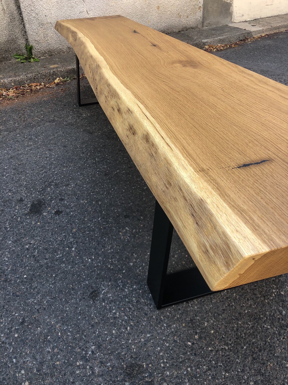 Live Edge solid oak bench Legs Inverted Trapezius Custom Metal