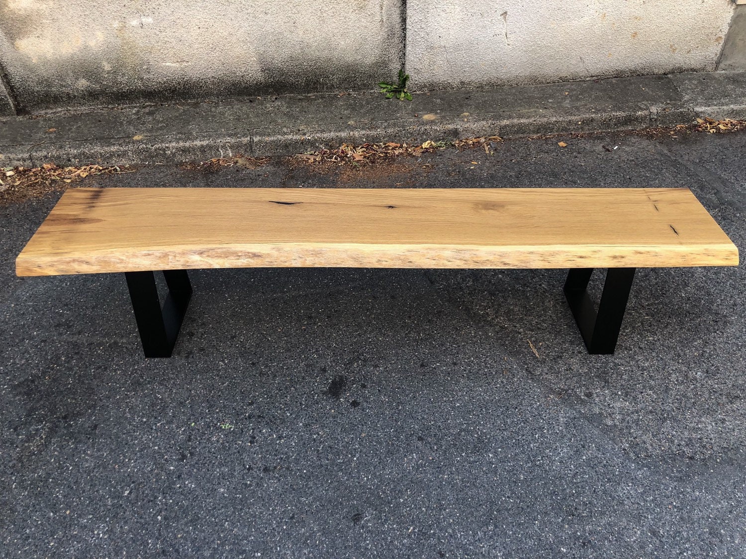 Live Edge solid oak bench Legs Inverted Trapezius Custom Metal