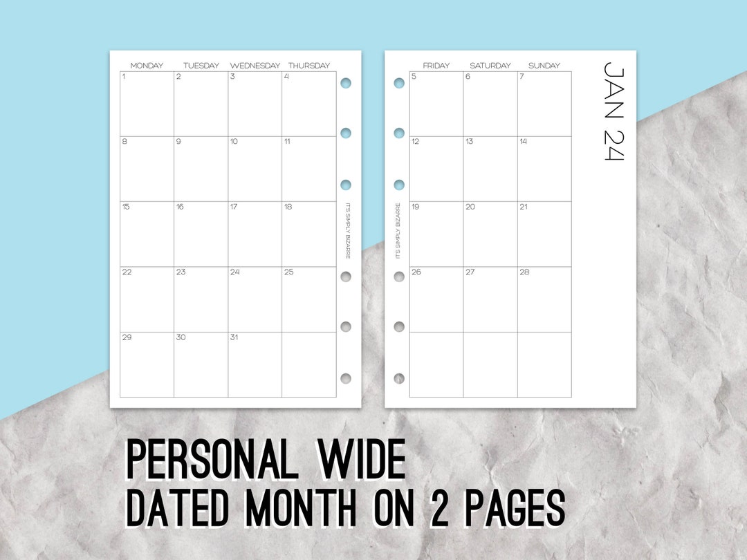 Dated Monthly Personal Wide Inserts, Monthly Inserts, Planner Pages ...