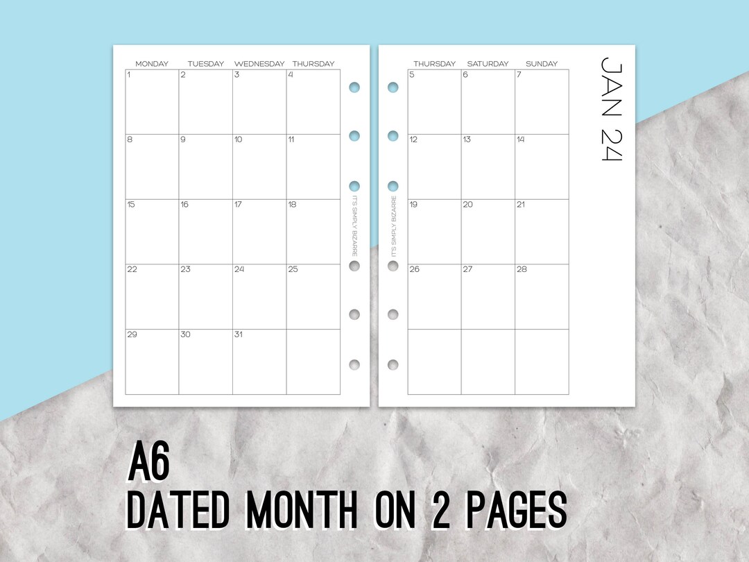 Dated Monthly A6 Inserts, True A6, Monthly Inserts, Planner Pages, Ring ...