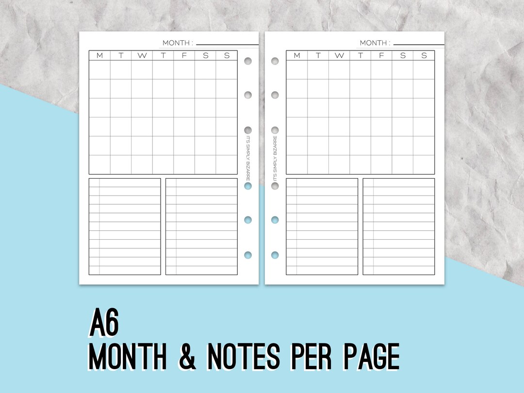Months and Notes A6 Inserts, Month and Notes on One Page, Monthly ...