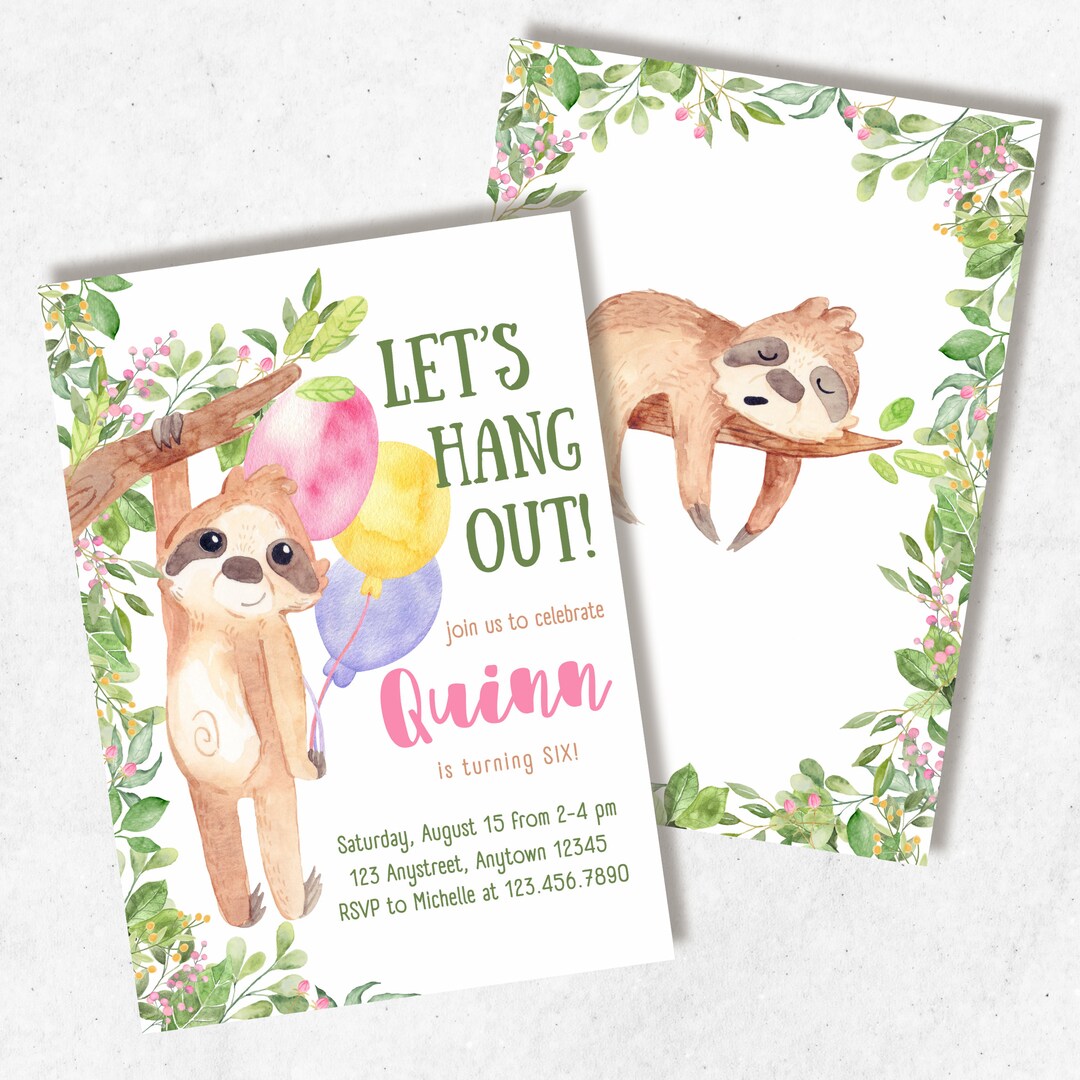 Sloth Birthday Party Editable DIY Invitation, Let's Hang Out Sloth ...