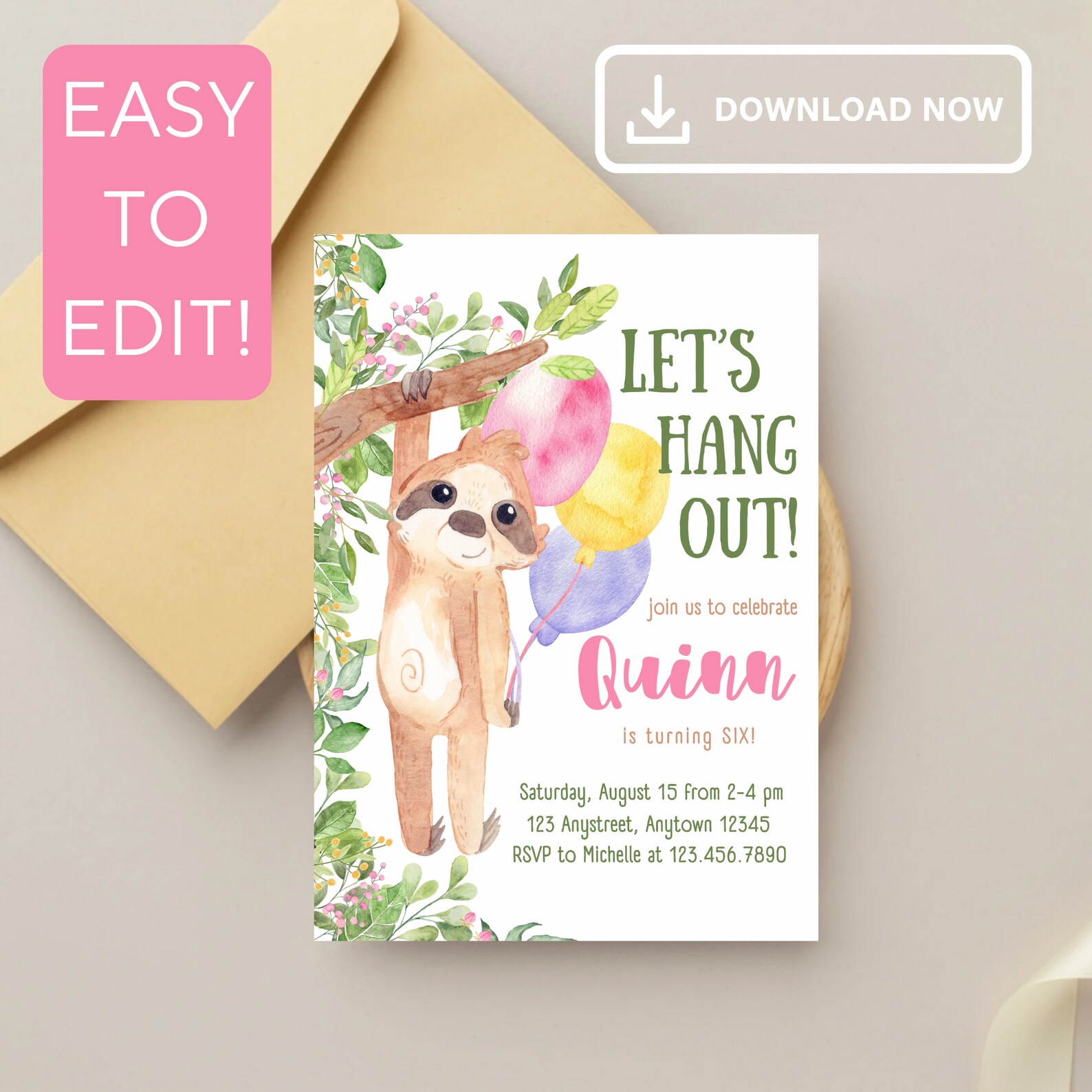 Sloth Birthday Party Editable DIY Invitation, Let's Hang Out Sloth ...