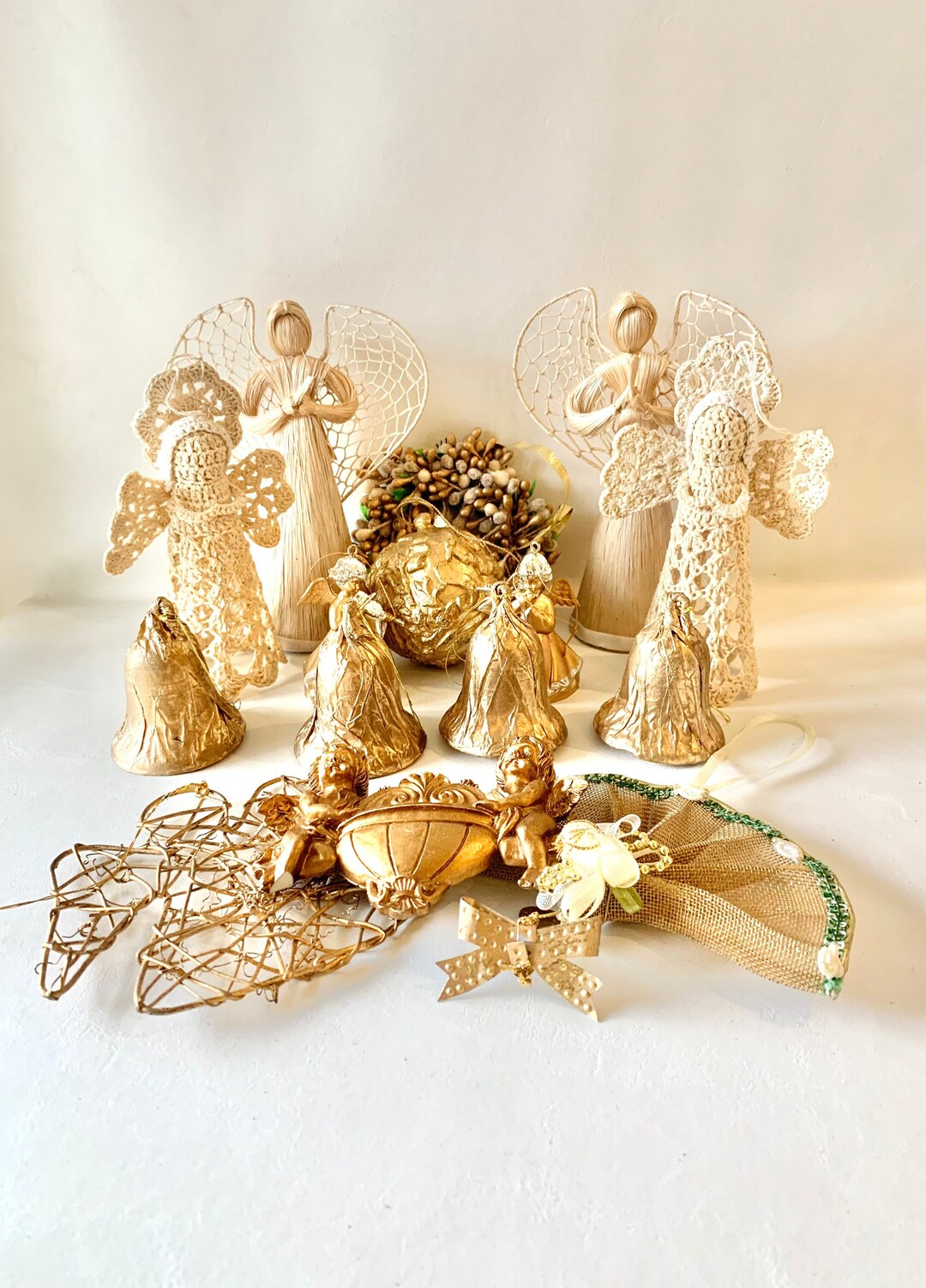 Vintage Crochet Angels Bells & Gold Cherubs Ornaments Lot - Etsy
