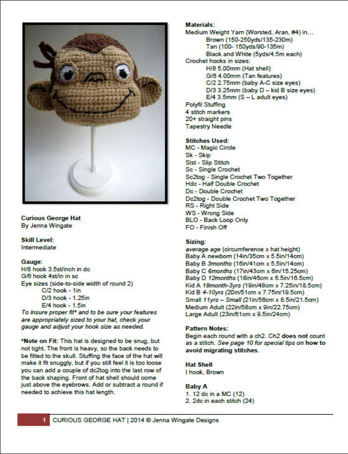 PATTERN: Curious George Hat // Instant PDF Download // Newborn - Etsy