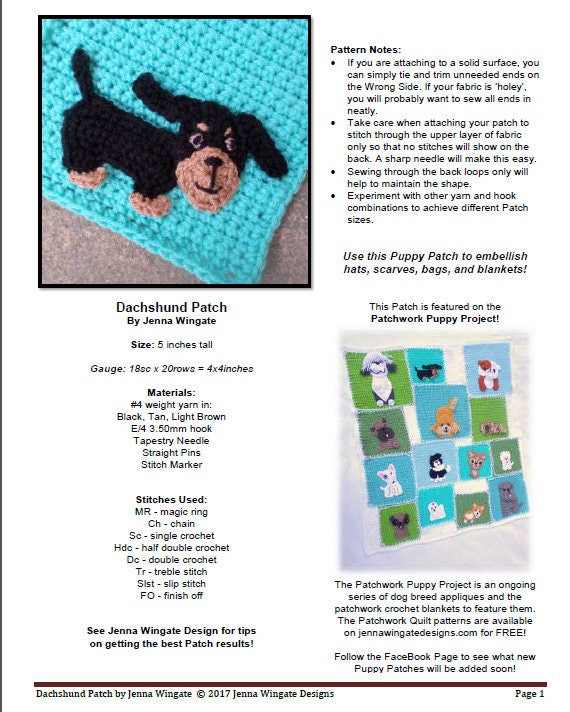PATTERN: Dachshund Patch // Patchwork Puppy Project // | Etsy