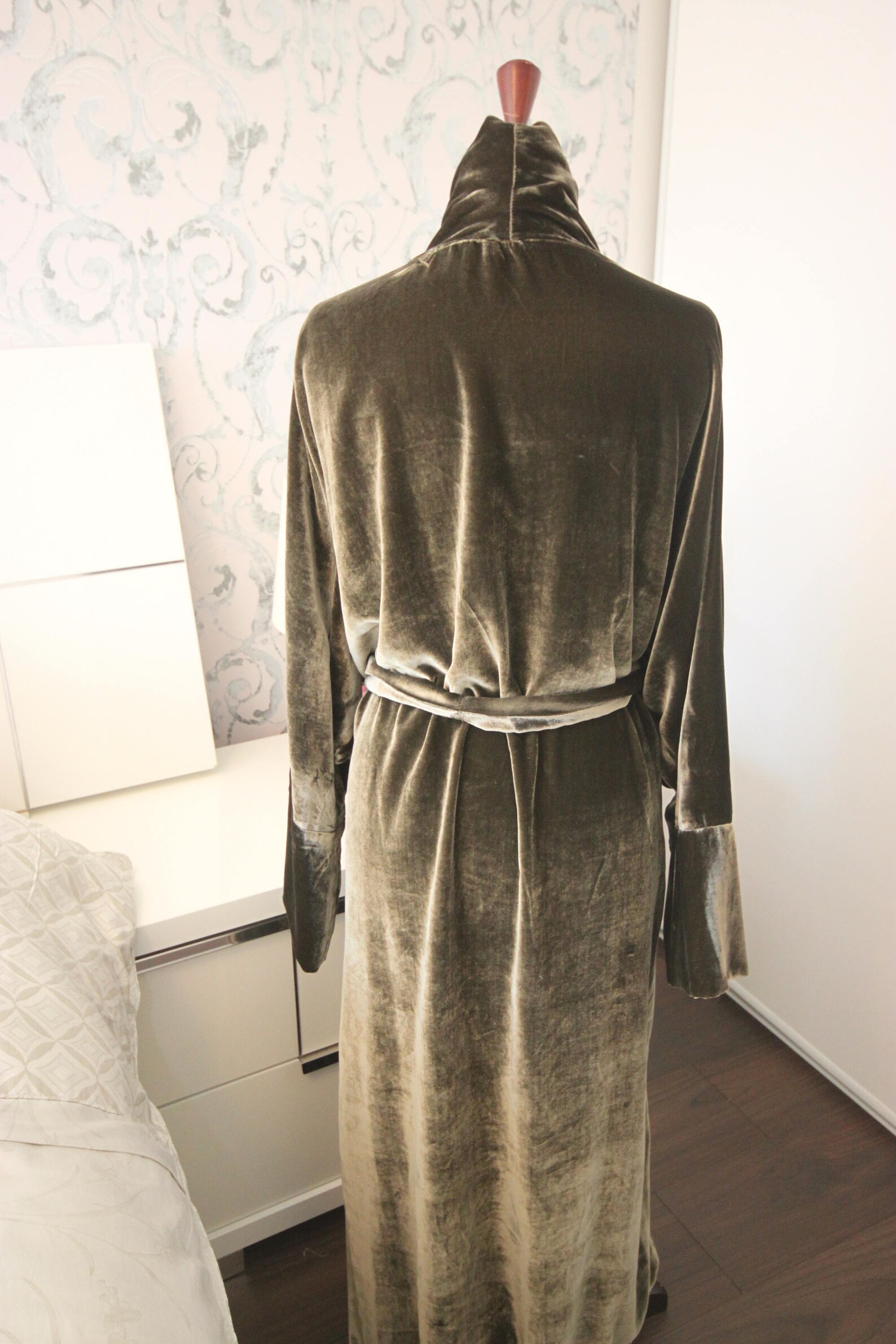 Fancy Chic Lounge Housecoat in Deep Olive Silk Velour | Etsy