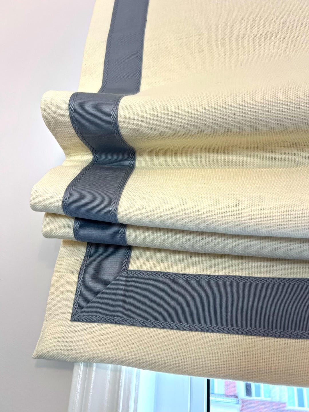 Custom Relaxed Roman Shade – Irish Linen Oyster With Bluebell Trim ...