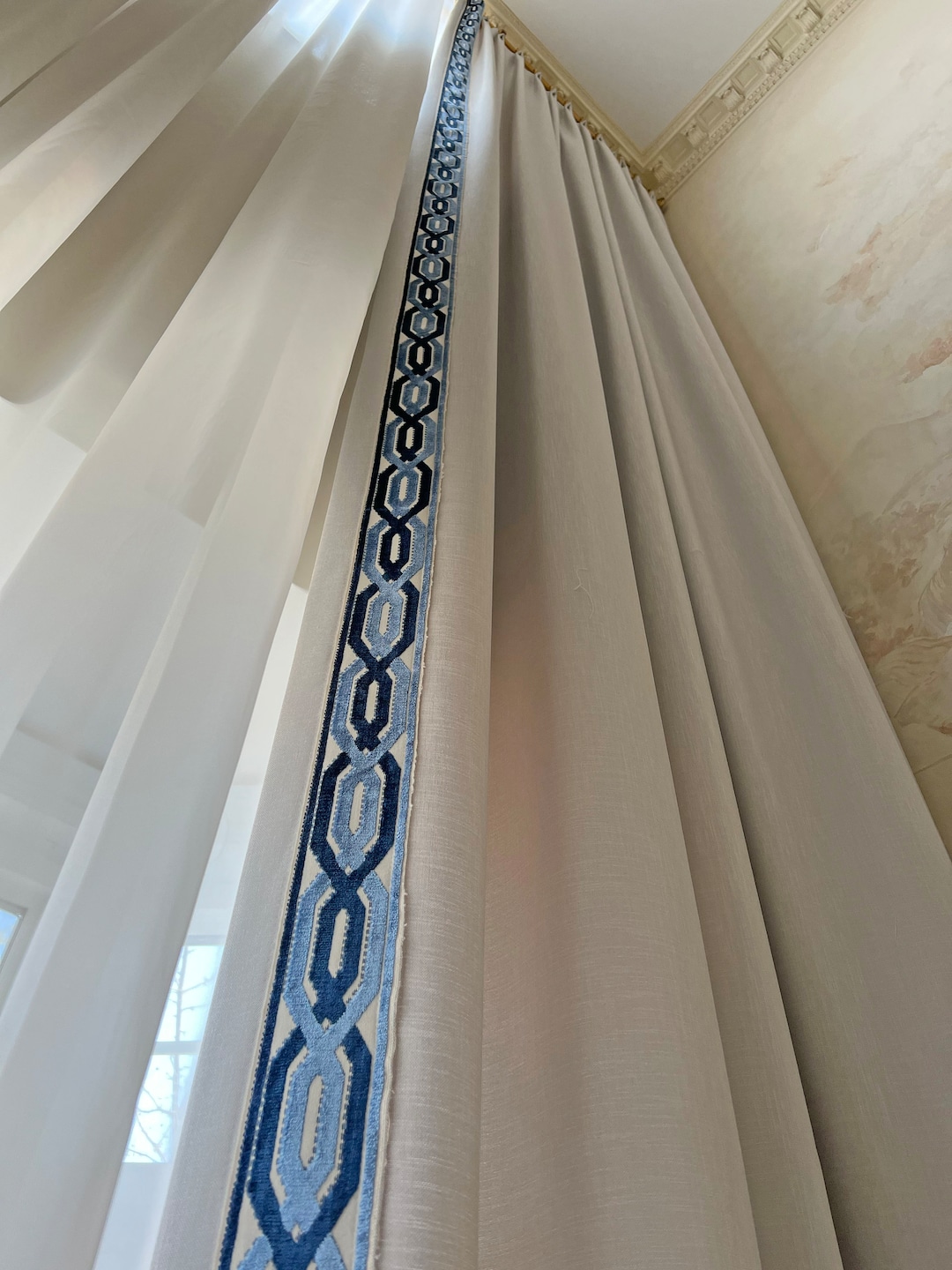 Custom Drapery With Trend Trim, Cheval Fog, French Pleat, Solid ...