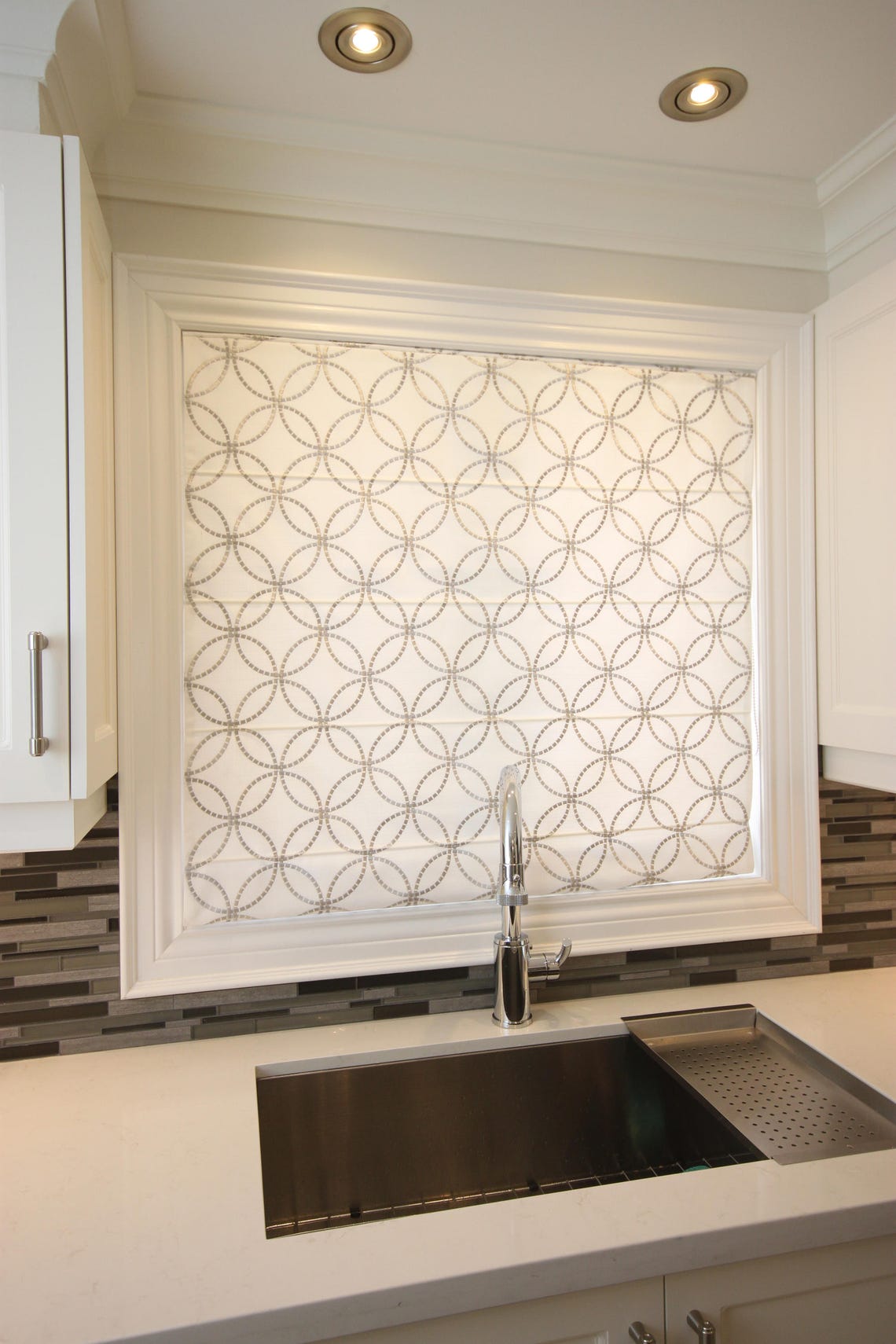 Custom Flat Roman Shade, Metric Silver Geometric Embroidery, Linen ...