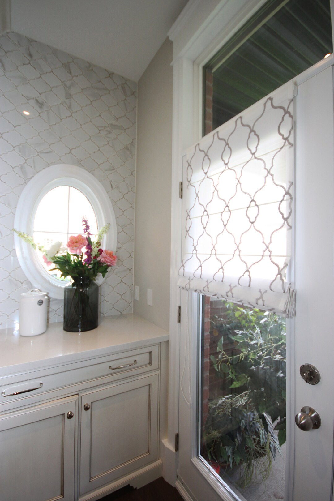 Sheer Roman Shade, Palera Silver With Embroidery, Chain Mechanism, Faux ...