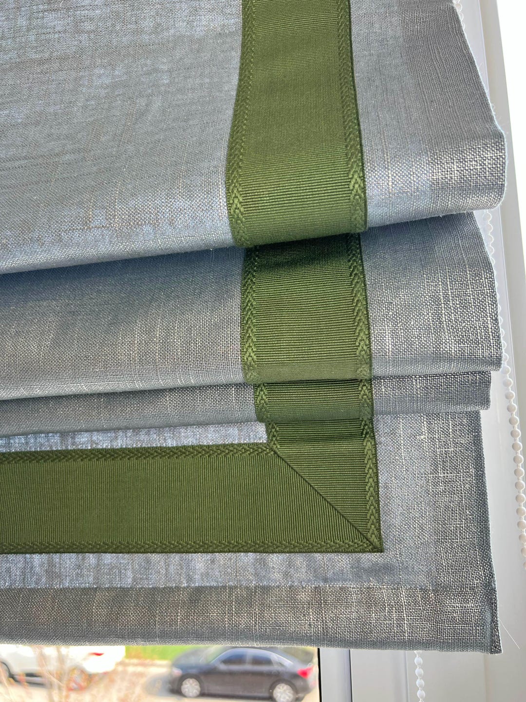 Linen Roman Shade, Fabric Shimmer Glacial With Trim Heart Cilantro ...