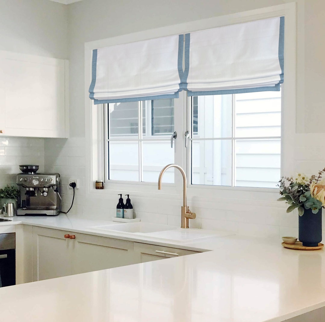 Custom Roman Shades, White Shade With Blue Border, Linen Roman Shade ...