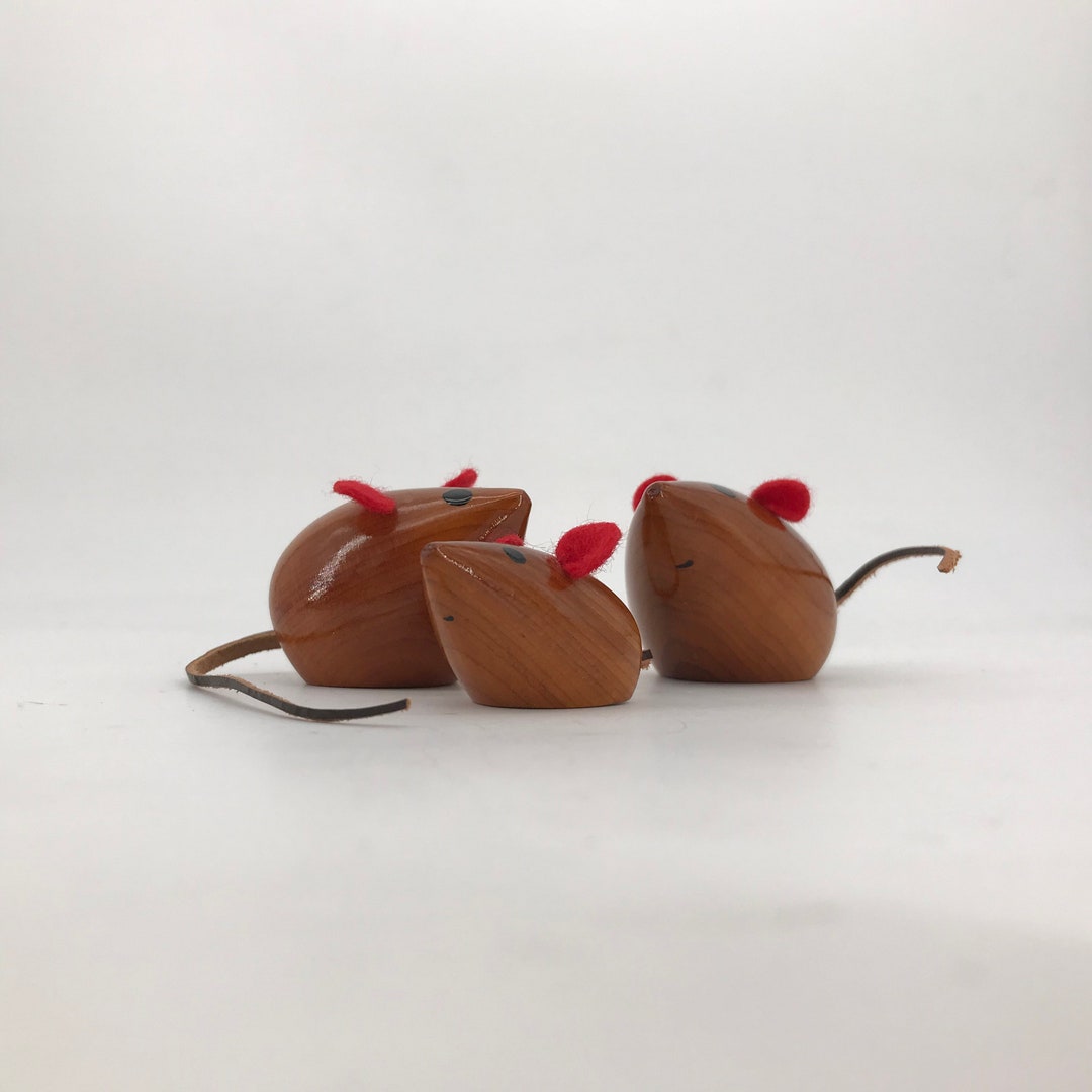 Vintage Mid-century German Shrunk Wooden Mice Sculptures Toys Leather ...