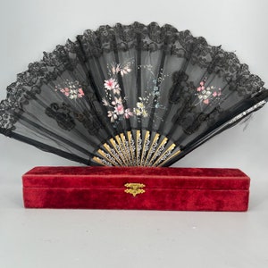 Victorian Fan & Velvet Box Hand Painted Lace Antique - Etsy