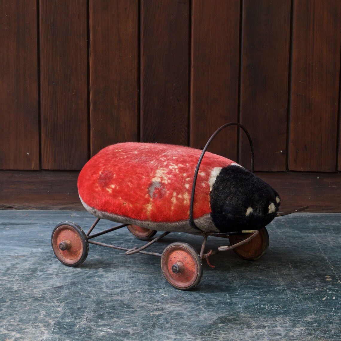 Vintage 1950s Stuffed Ladybug Animal Ottoman on Casters Toy Car German ...