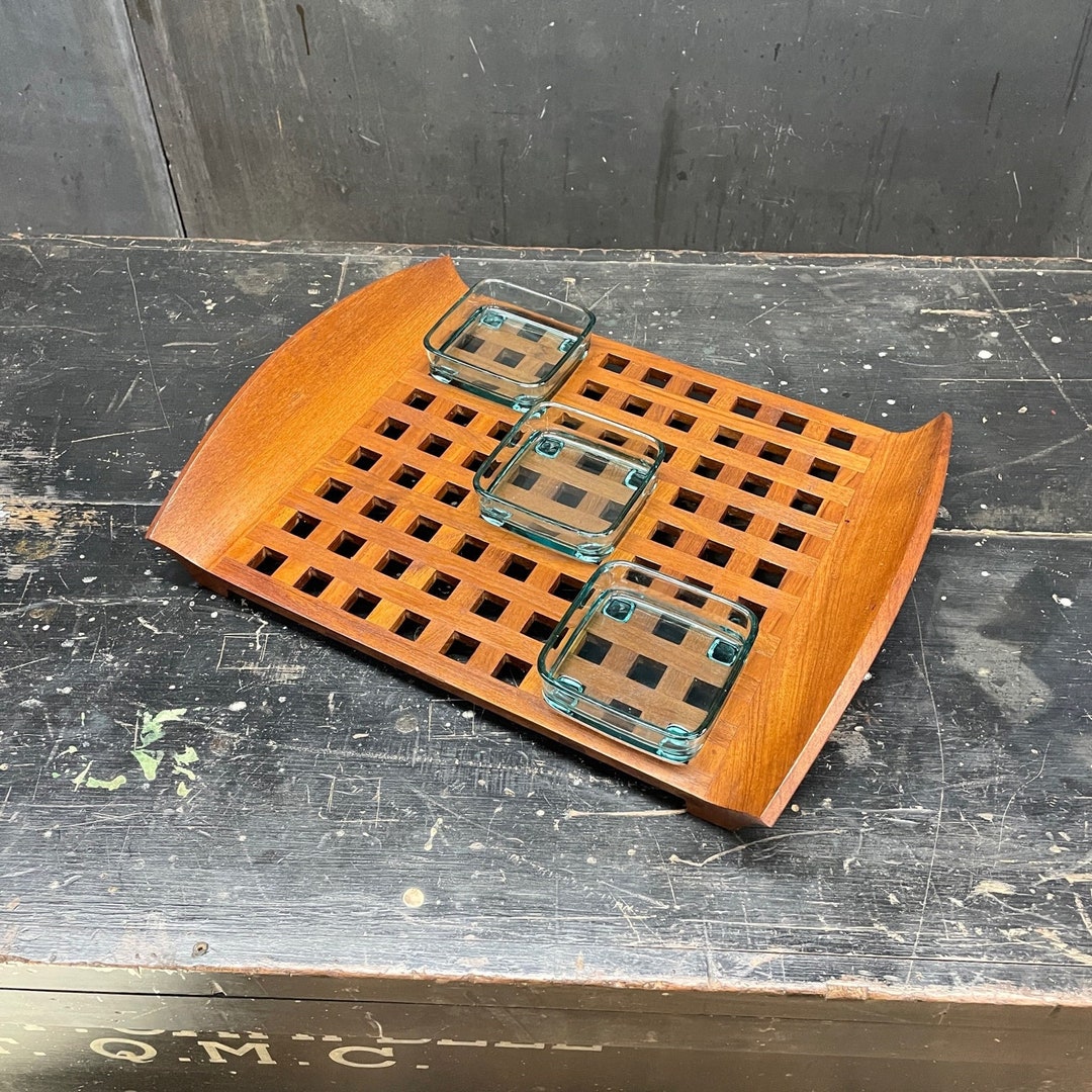 1950s Danish Teak Lattice Serving Tray Glass Hor D'oeuvres Dish Dansk ...