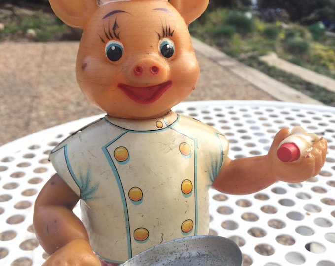 Vintage Piggy Yonezawa Wind-up Tin Toy Clockwork Cooking Pig Character ...